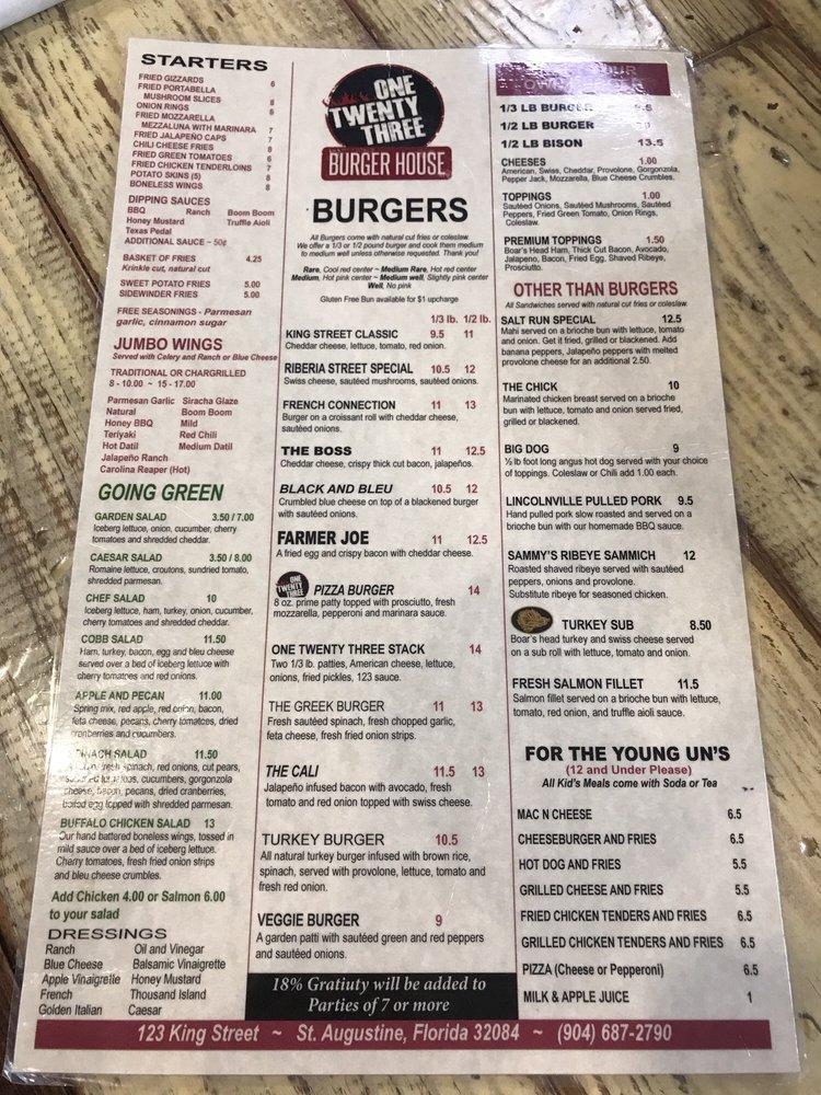 Menu at One Twenty Three Burger House restaurant, St. Augustine