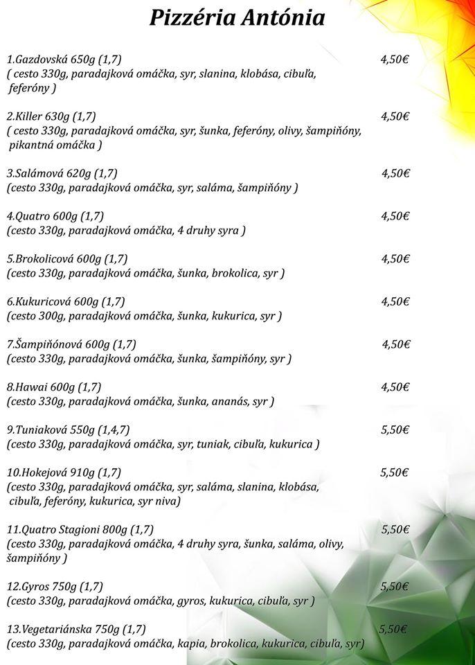 Carta del restaurante Pizza Antónia, Sečovská Polianka, Hlavná 535