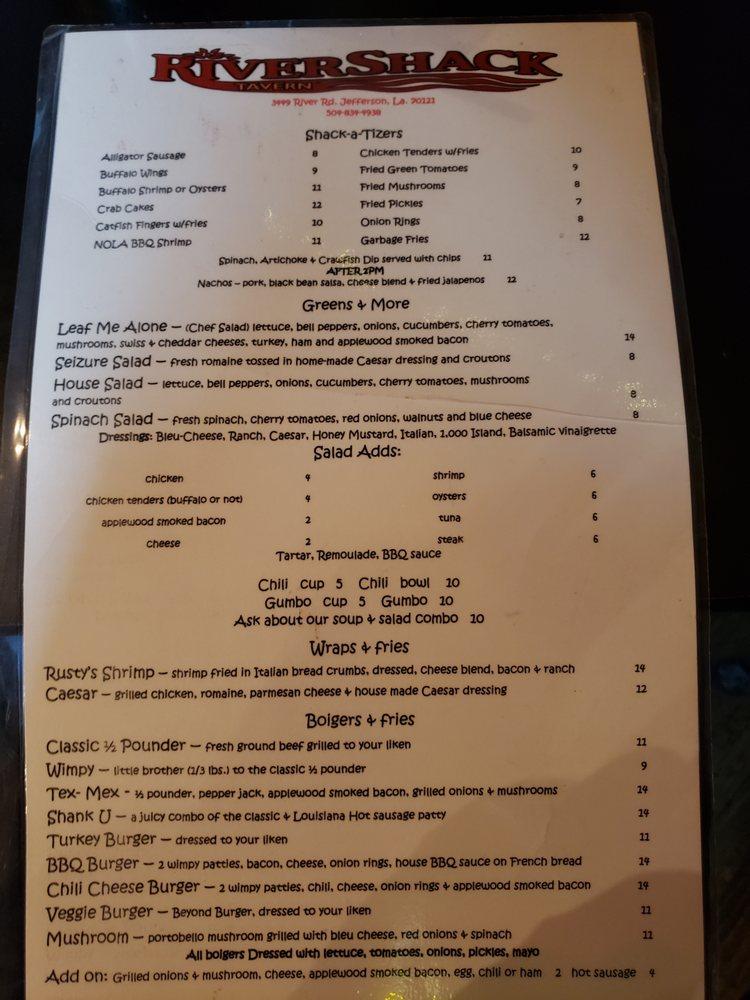 Menu at Rivershack Tavern pub & bar, Jefferson, River Rd