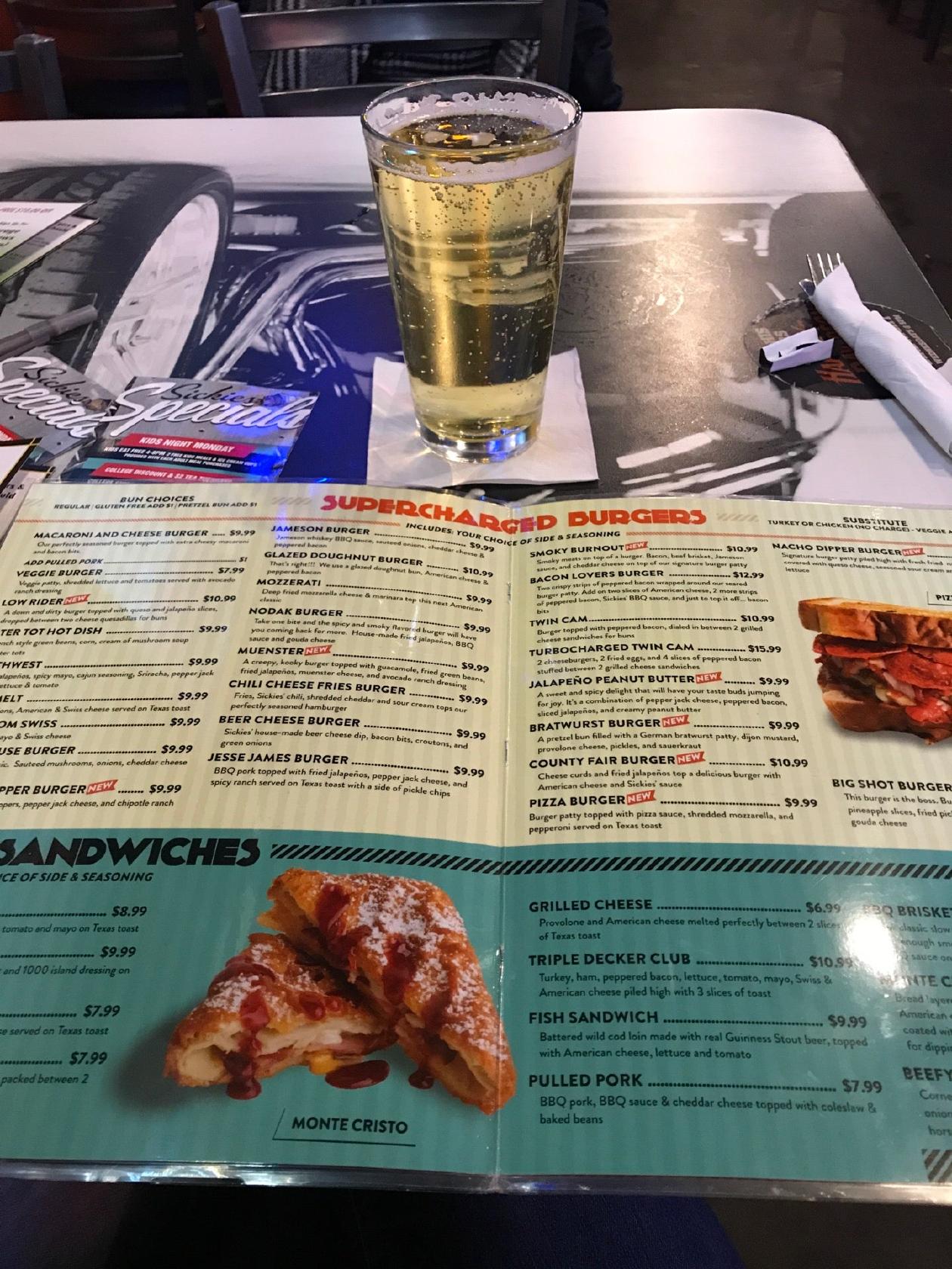 Menu at Sickies Garage Burgers & Brews restaurant, Rapid City