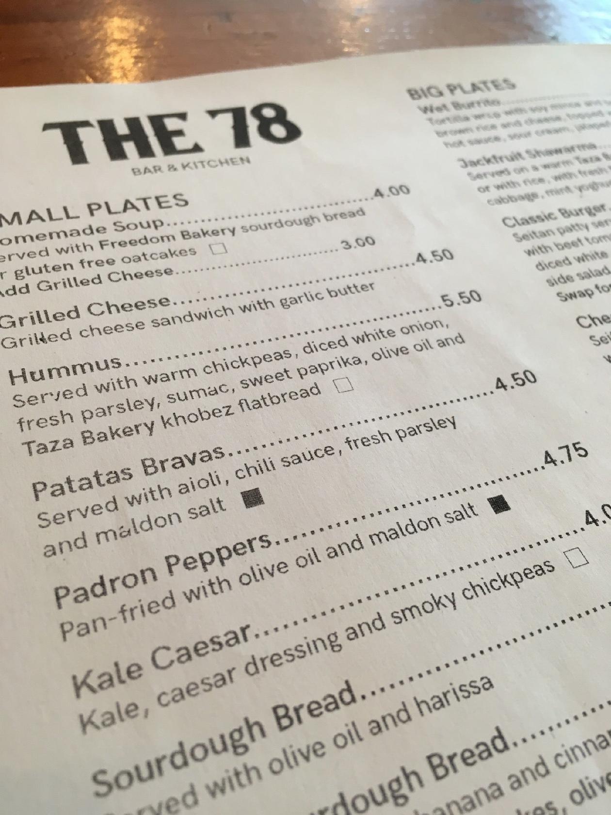 Menu at The 78 pub & bar, Glasgow