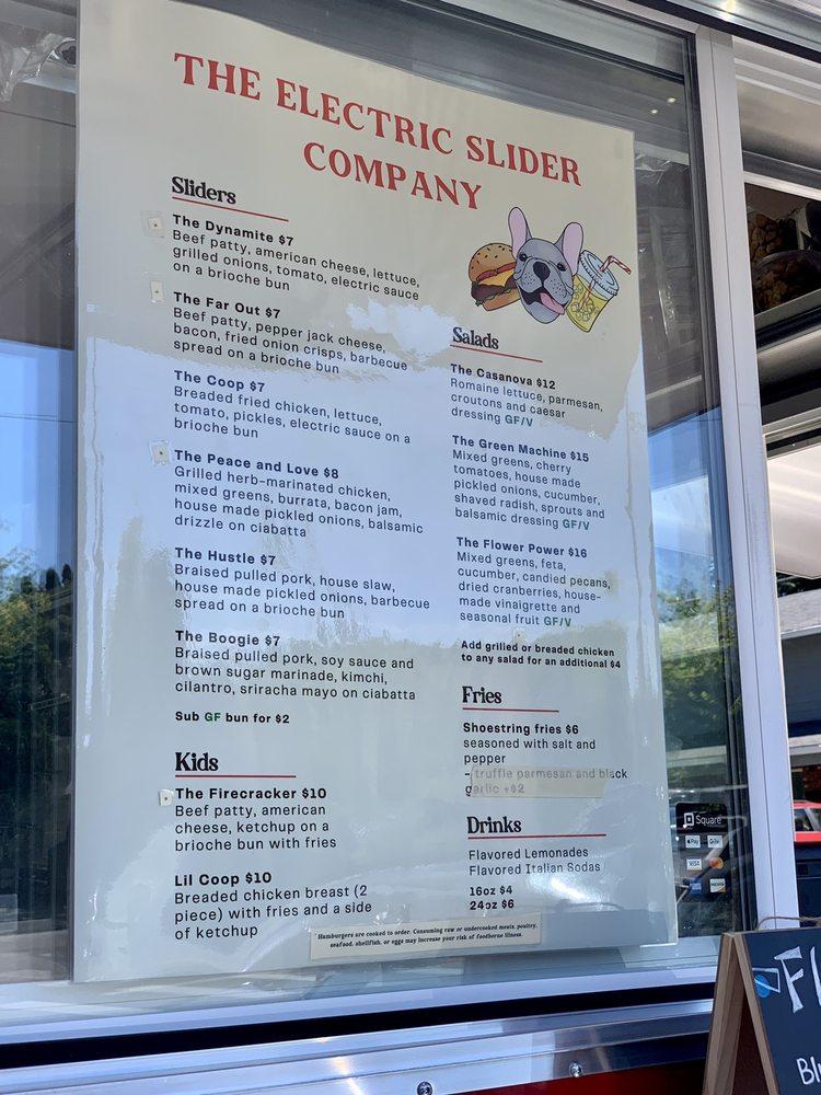 Menu at The Electric Slider Company restaurant, West Linn