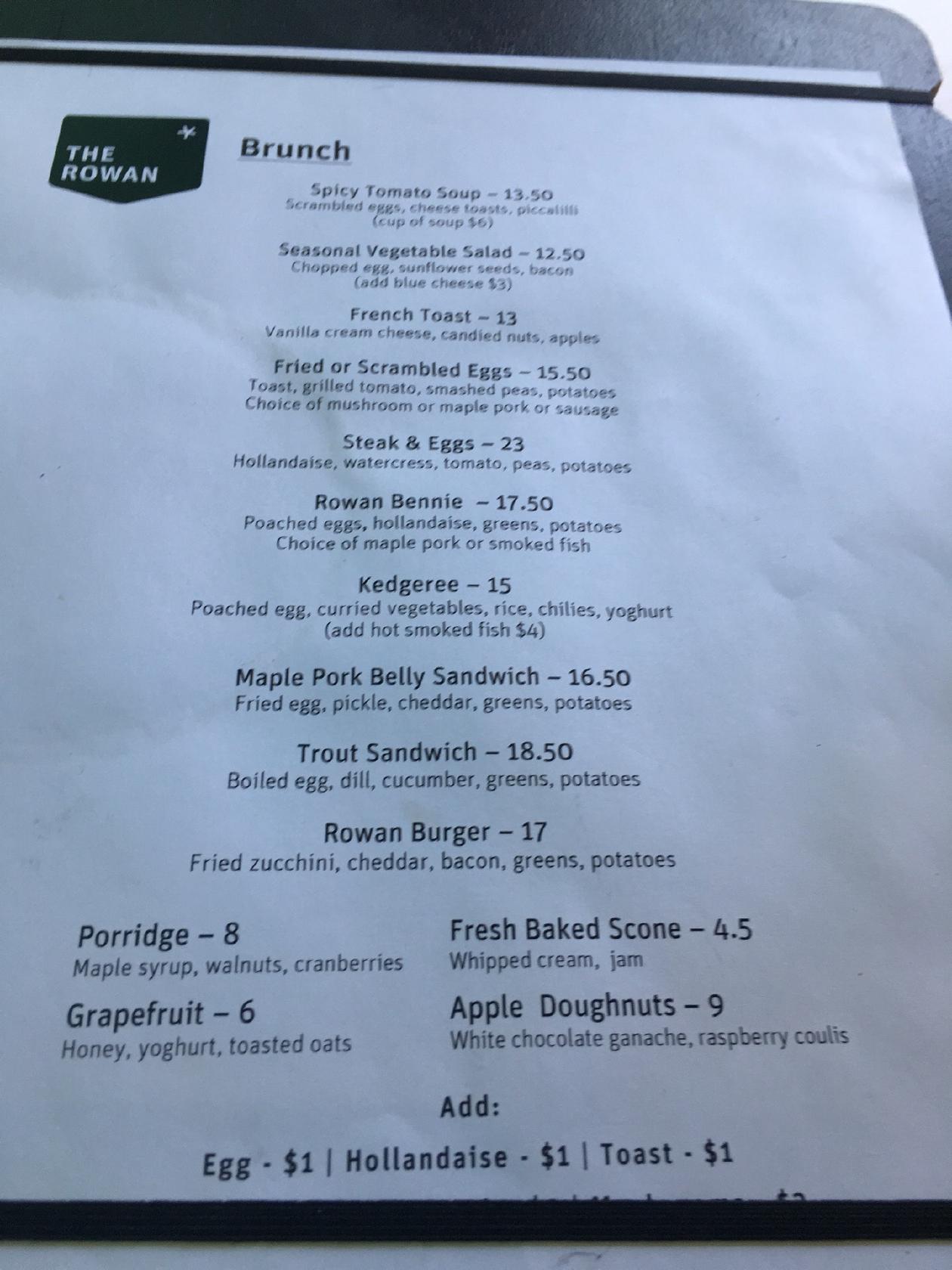 Menu at The Rowan restaurant, Ottawa