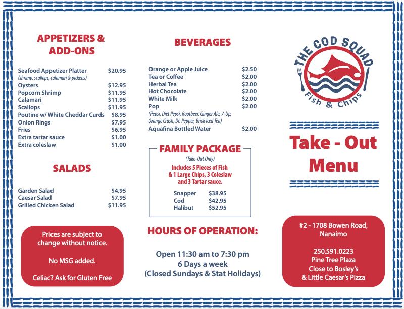 Menu at Cod Squad Fish & Chips restaurant, Nanaimo