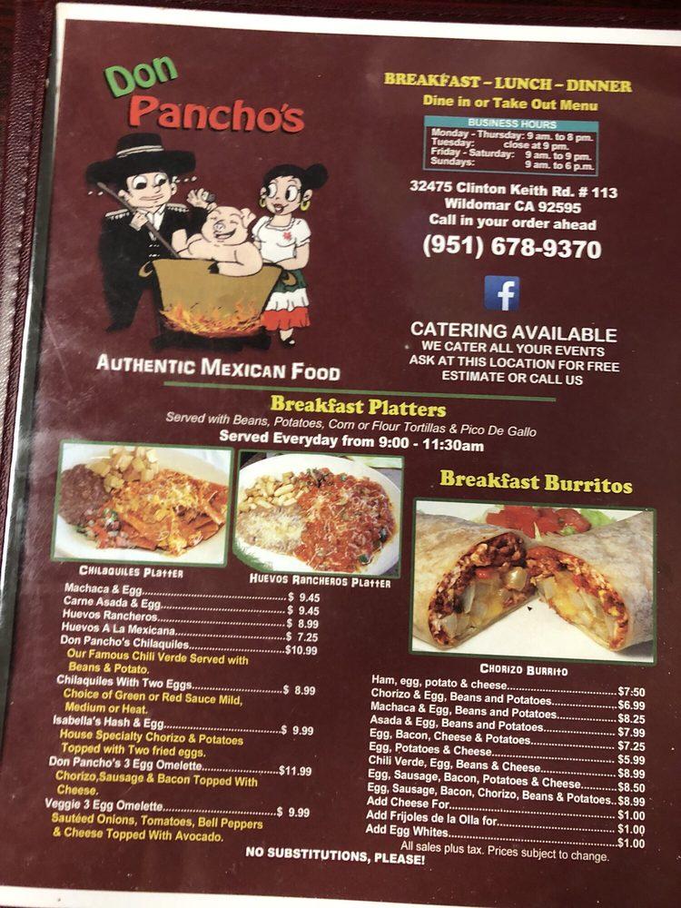 Menu at Don Pancho's Mexican Food restaurant, Wildomar
