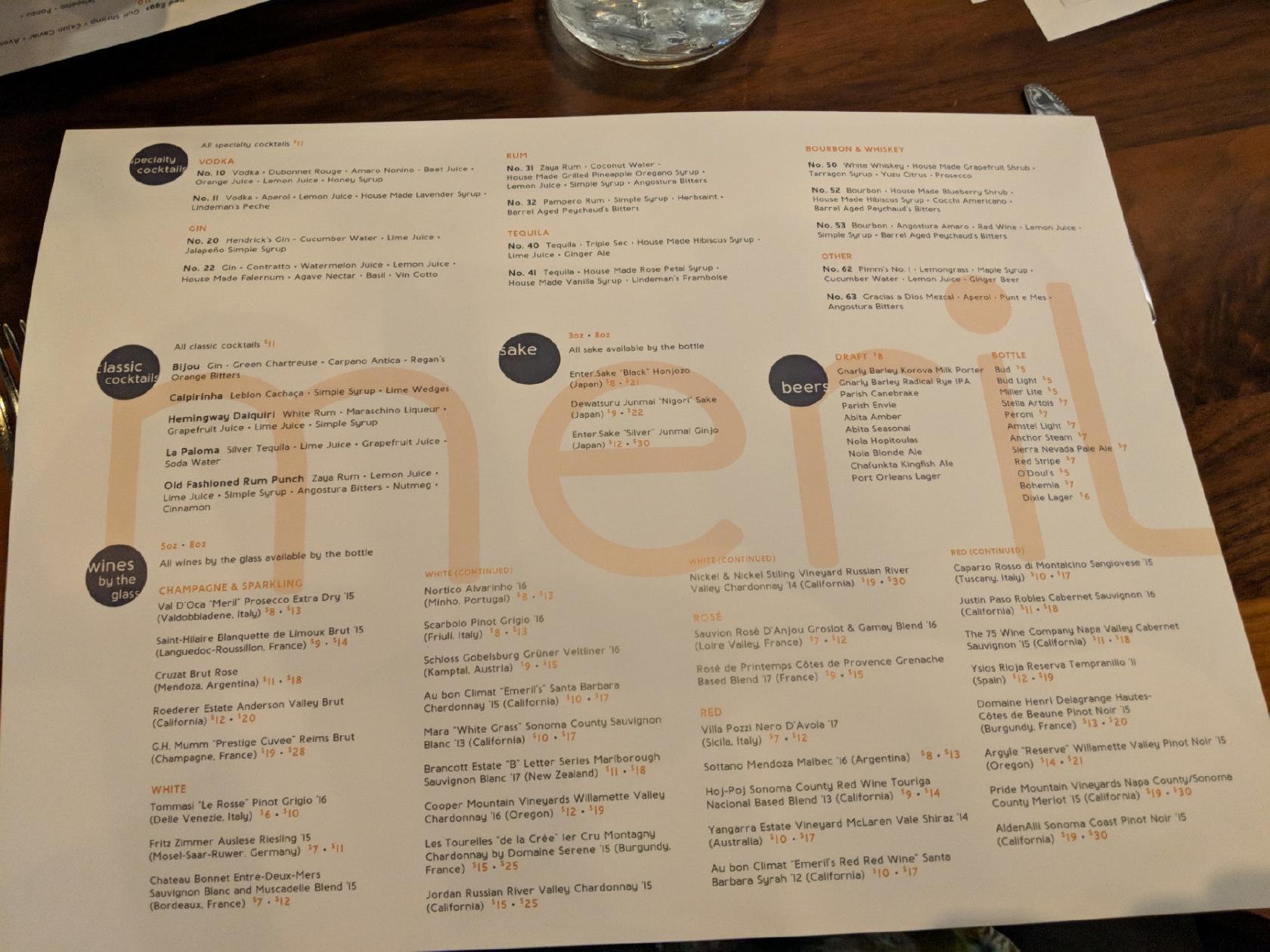 Menu at Meril restaurant, New Orleans