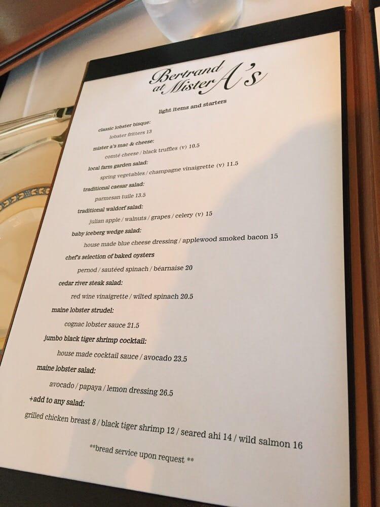 Menu at Mister A's pub & bar, San Diego