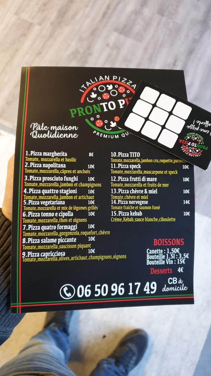 Menu at PRONTO PIZZA restaurant, Montarnaud