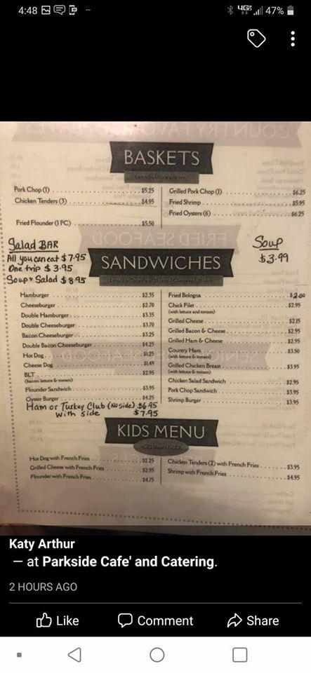 Menu at Parkside Cafe, Pine Level, U.S. Hwy 70A E