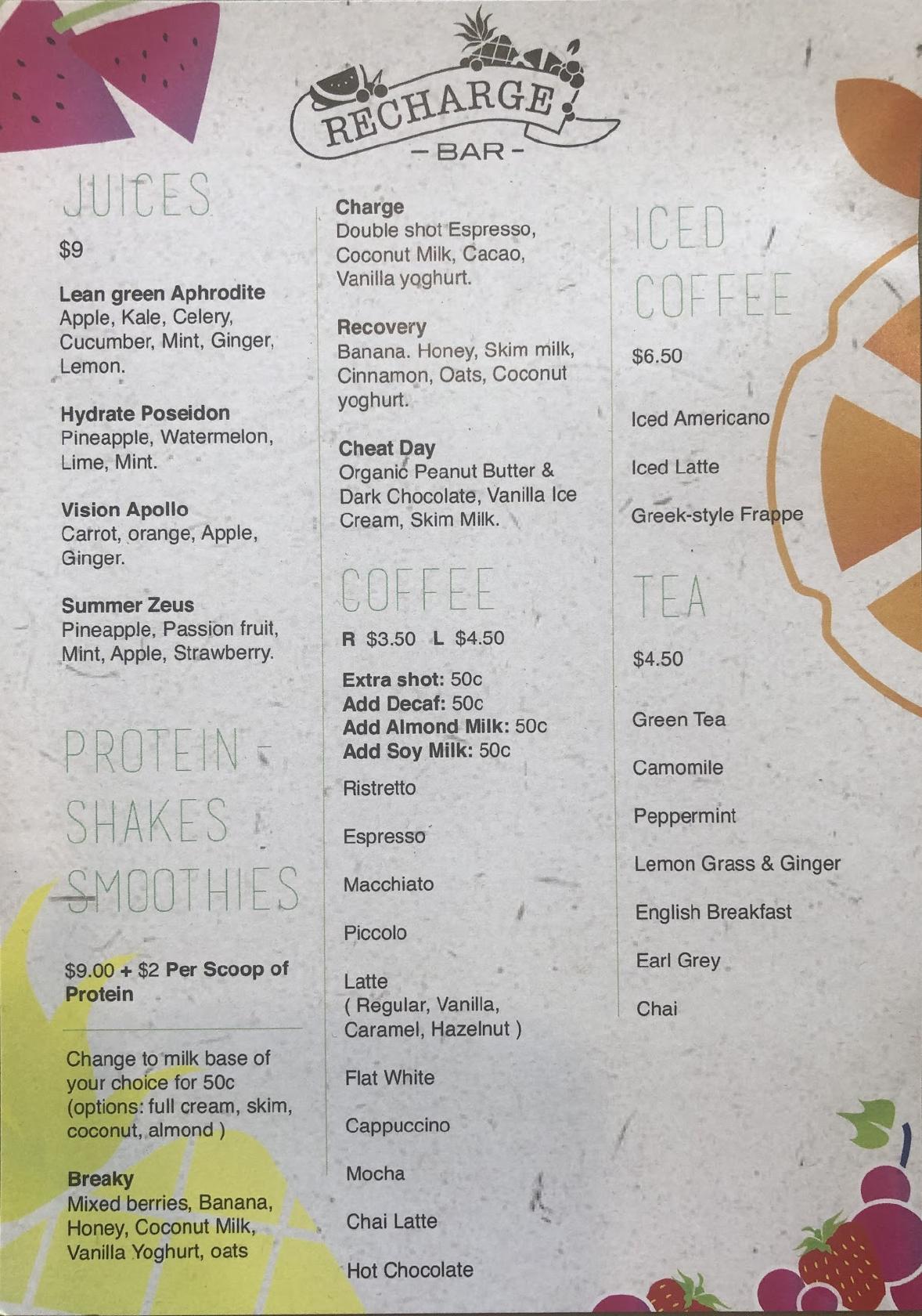 Menu at Recharge By Combine Air, Paddington