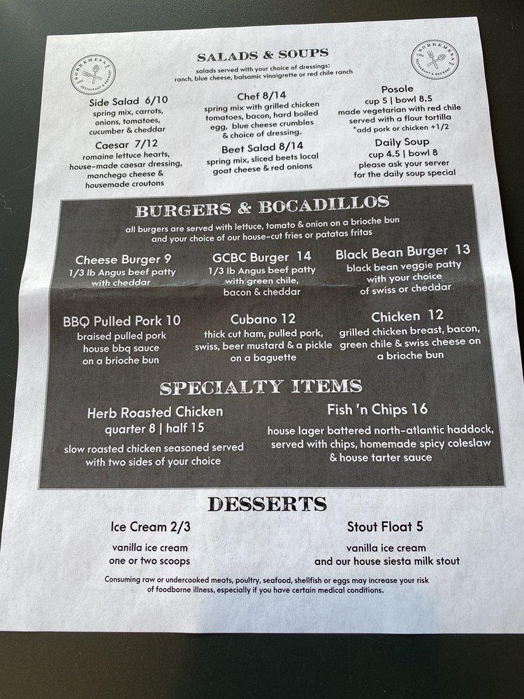 Menu at Sobremesa restaurant, Albuquerque