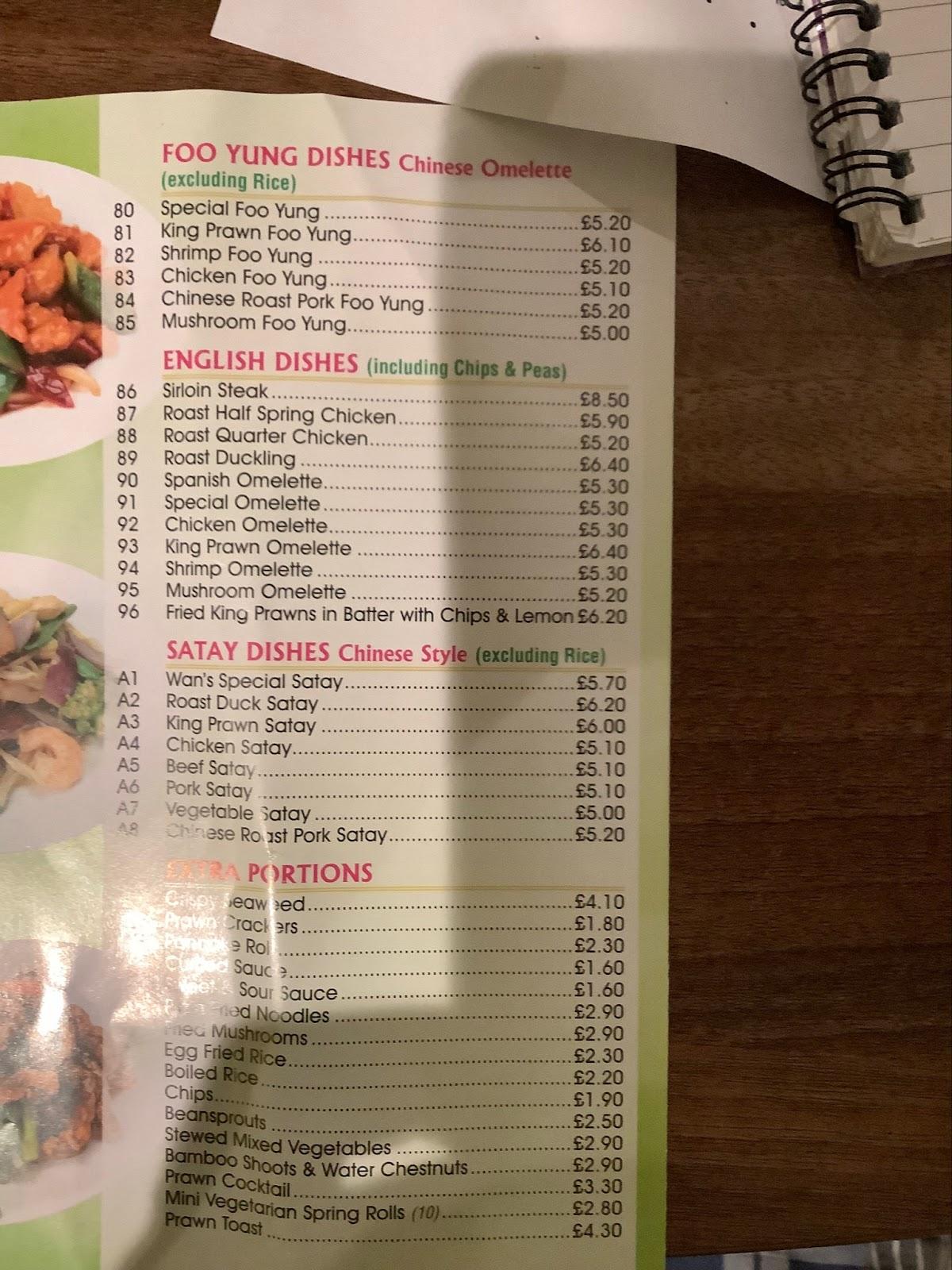 Menu at Wan's fast food, Exeter