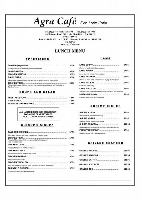 Menu at Agra Cafe, Los Angeles, Sunset Blvd