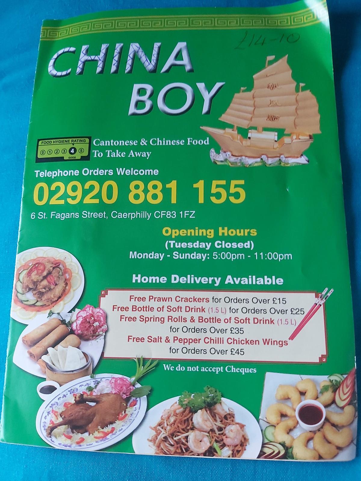 Menu at China Boy Takeaway restaurant, Caerphilly