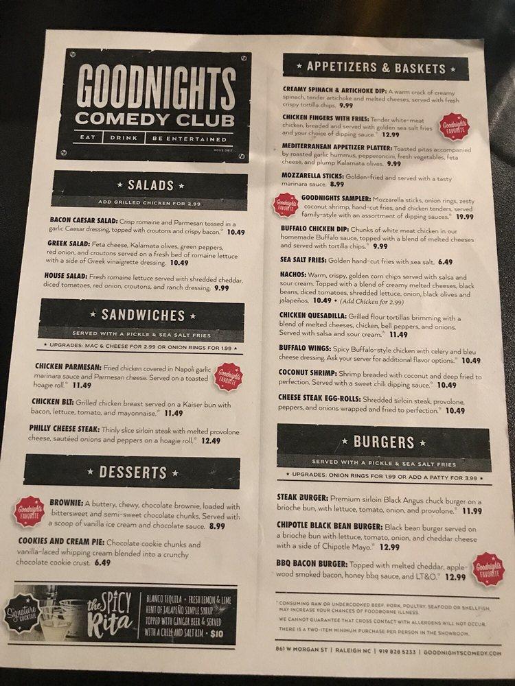 Menu at Goodnights Comedy Club, Raleigh, 401 Woodburn Rd