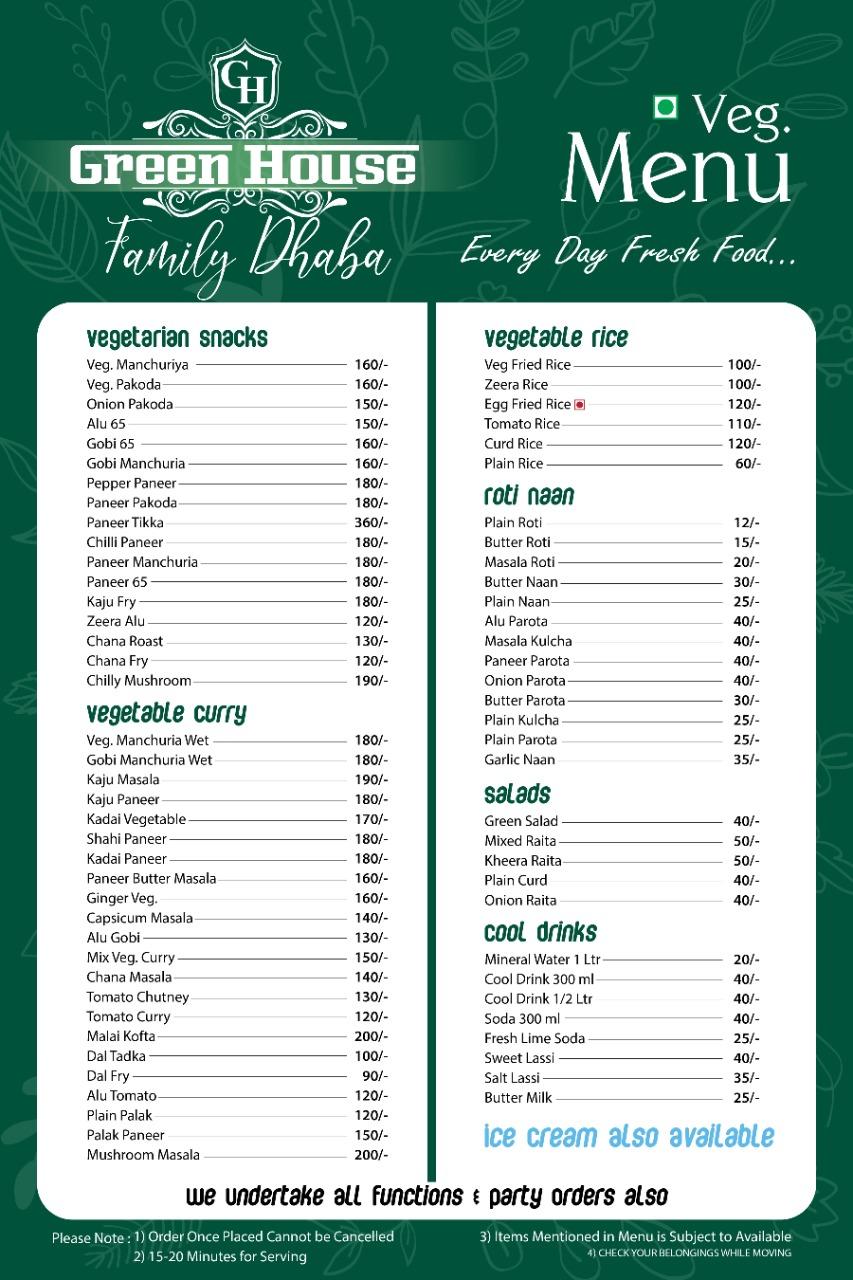 Menu at Green House Family Dhaba, India, Plot number 54