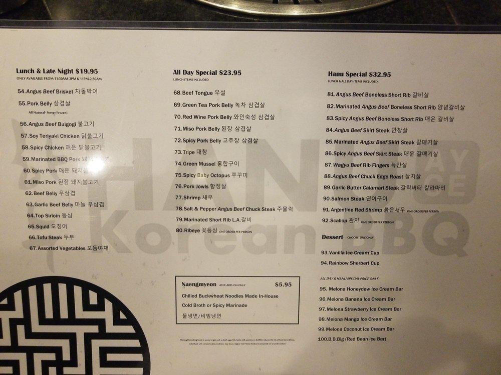 Menu at HANU Korean BBQ, Las Vegas
