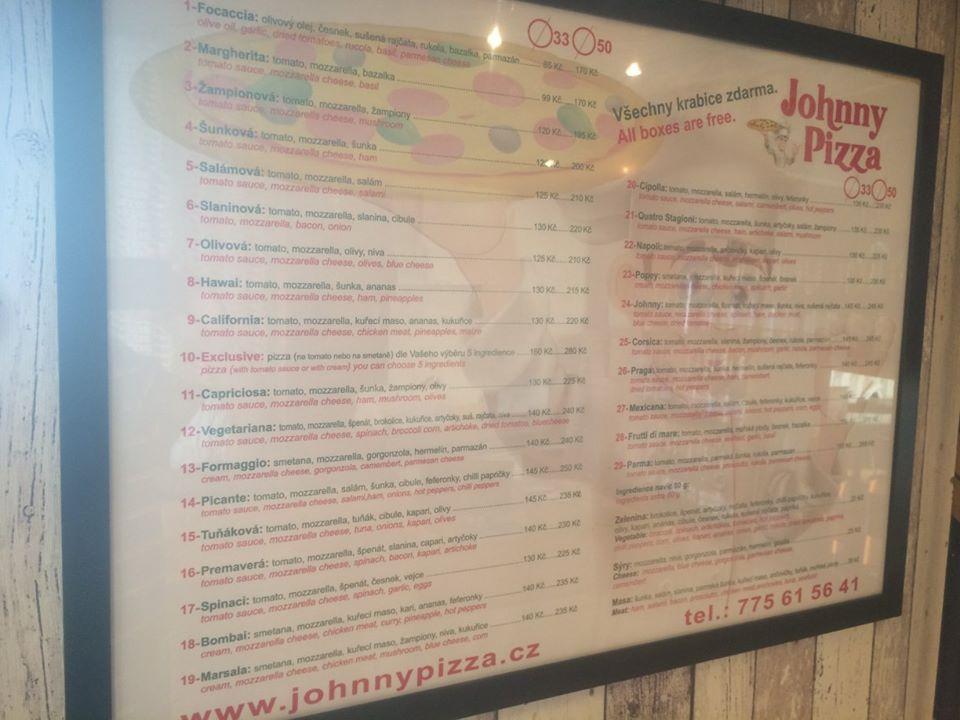 Menu at Johnny Pizza pizzeria, Prague