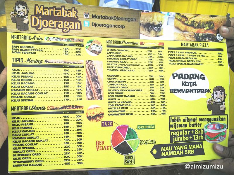 Menu at Martabak restaurant, Padang