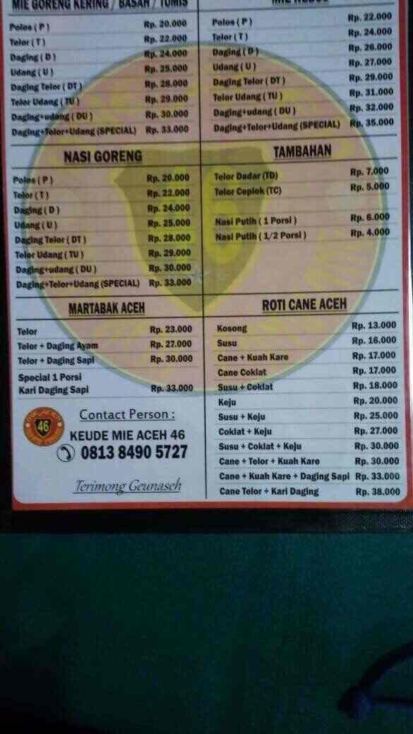 Menu at Mie Aceh 46 restaurant, South Tangerang