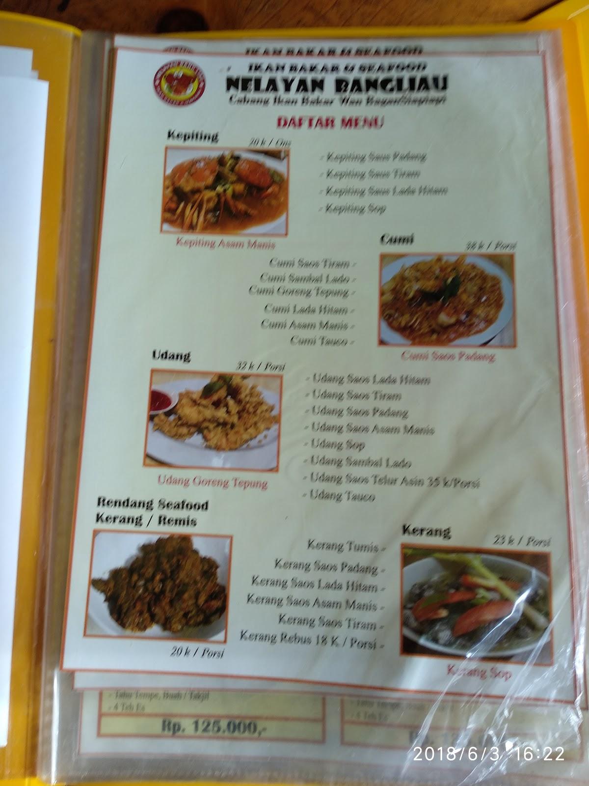 Menu at Nelayan Bang Liau restaurant, Pekanbaru
