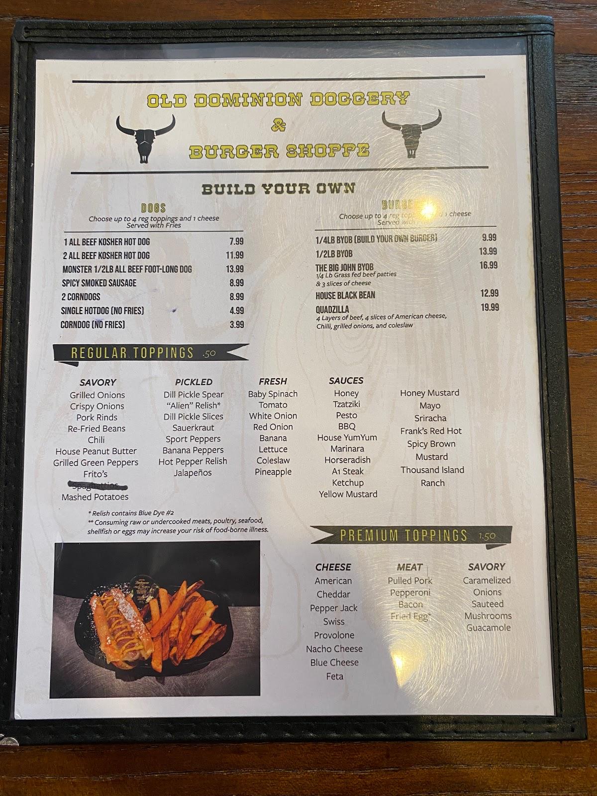 Menu at Old Dominion Doggery & Burger Shoppe restaurant, Strasburg