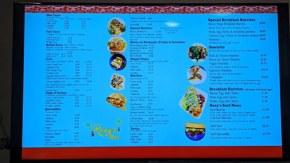 Menu at Roxy’s Tacos restaurant, San Diego