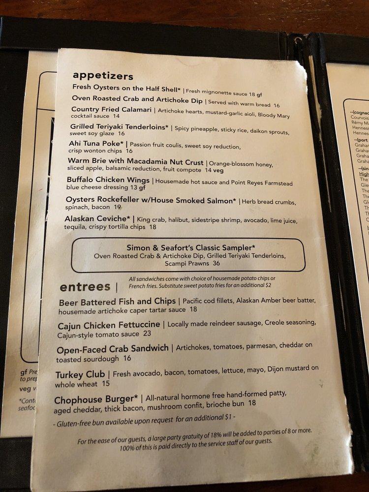 Menu at Simon & Seafort's Saloon & Grill steakhouse, Anchorage