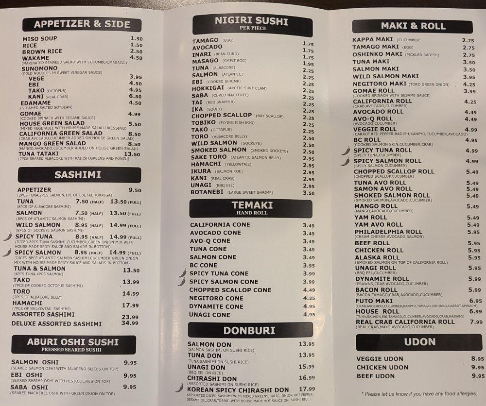 Menu at Sushi Musa restaurant, Langley Township