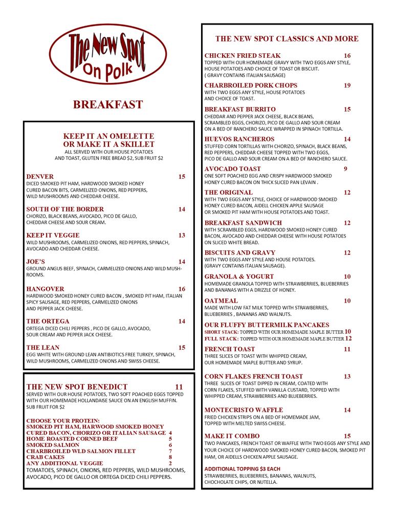 Menu at The New Spot On Polk restaurant, San Francisco