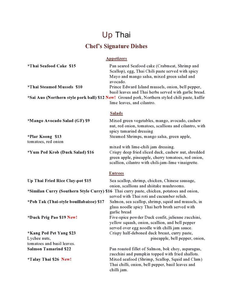 Menu at Up Thai restaurant, New York City