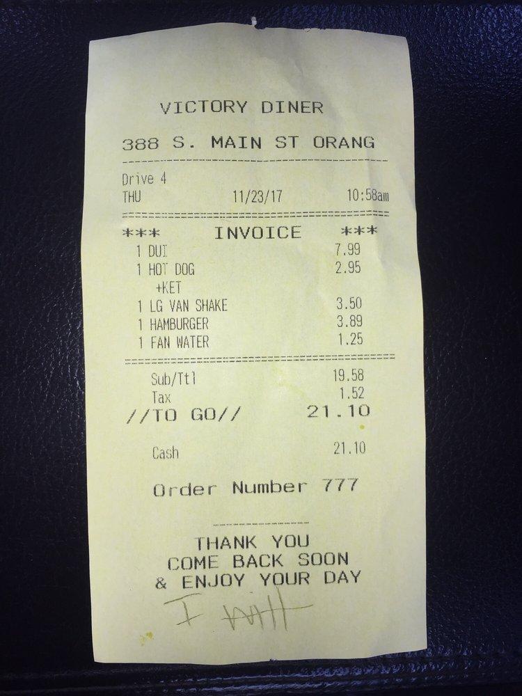 Menu at Victory Diner restaurant, Orange