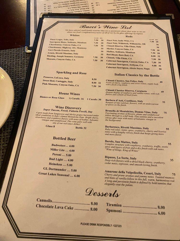 Carta de Bucci's Italian Restaurant, Rocky River, Hilliard Blvd