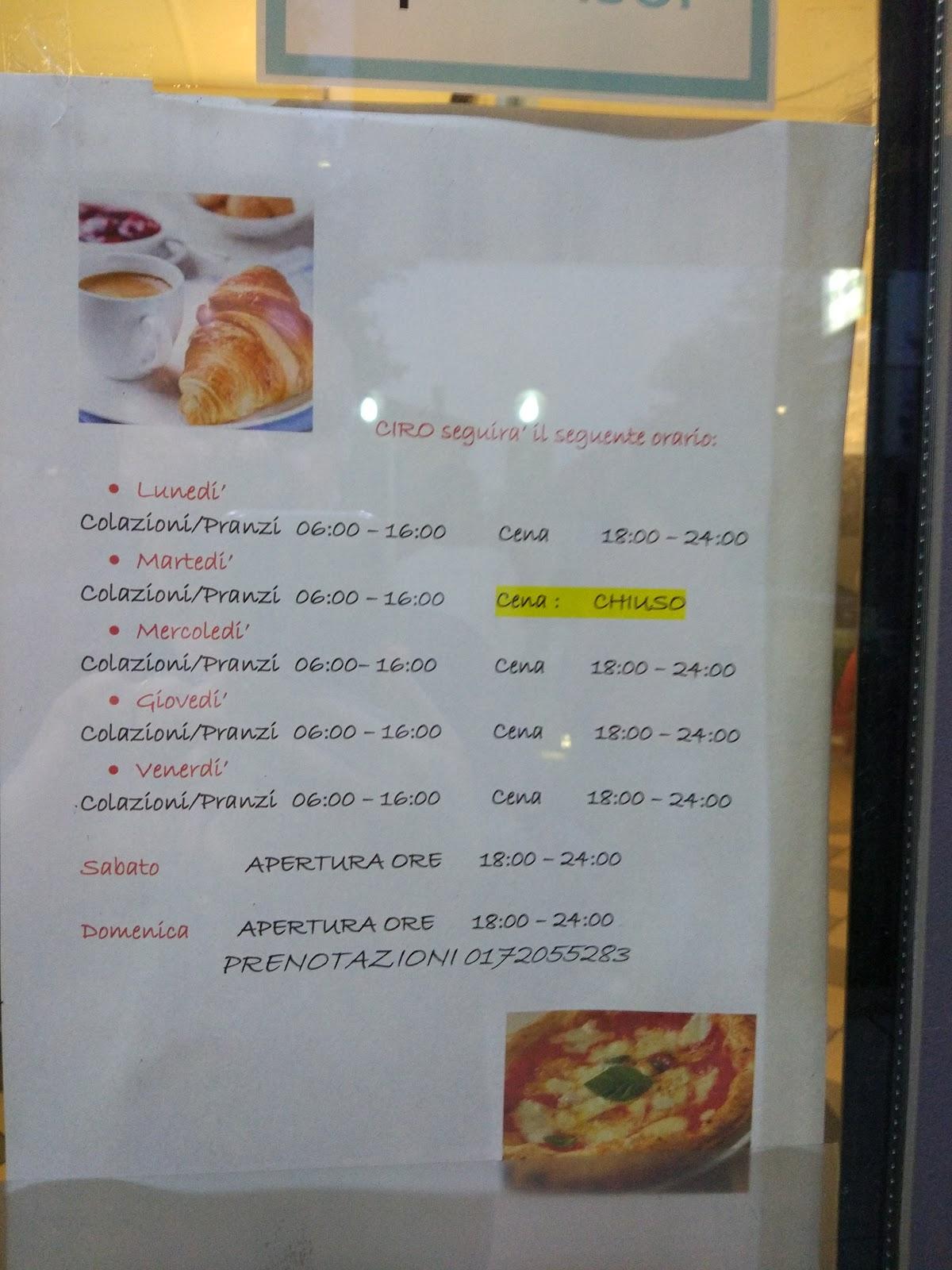 Menu da Ciro Pizza Cherasco ristorante, Cherasco