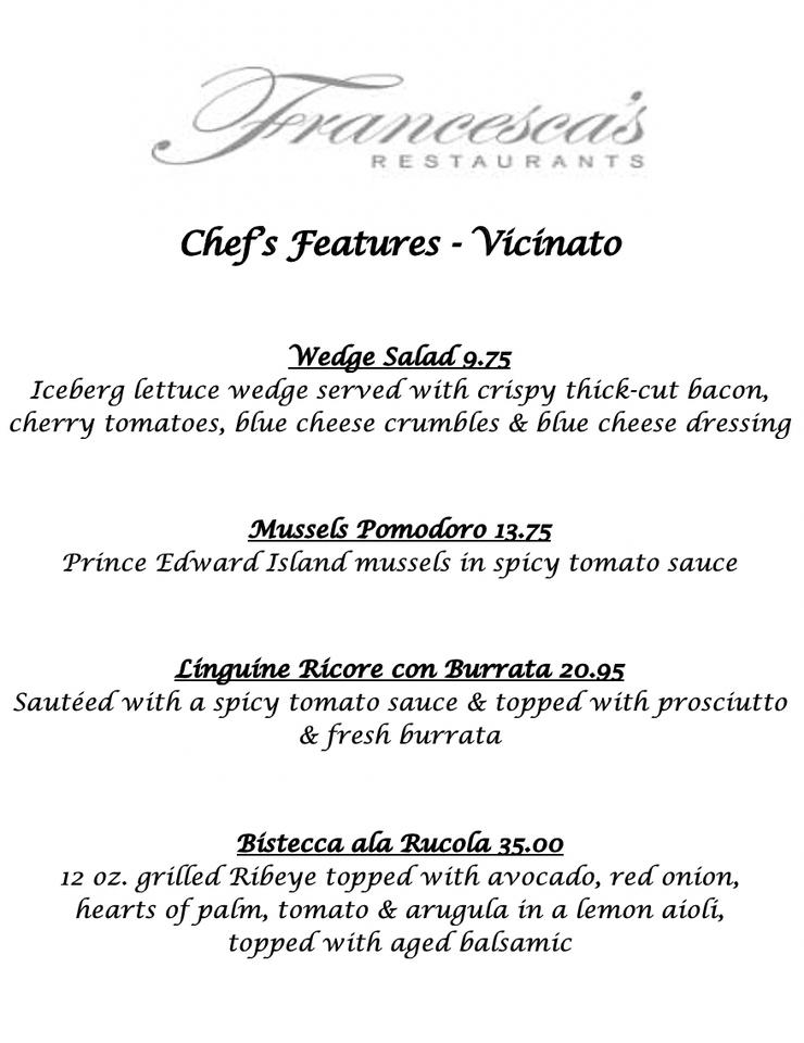 Menu at Francesca's Vicinato restaurant, Palos Park