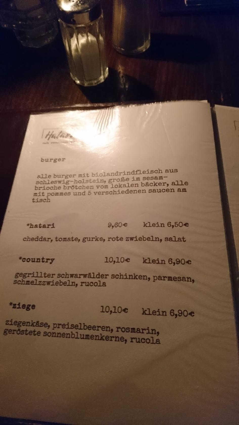 Menu at Hatari restaurant, Hamburg, Eulenstraße 77