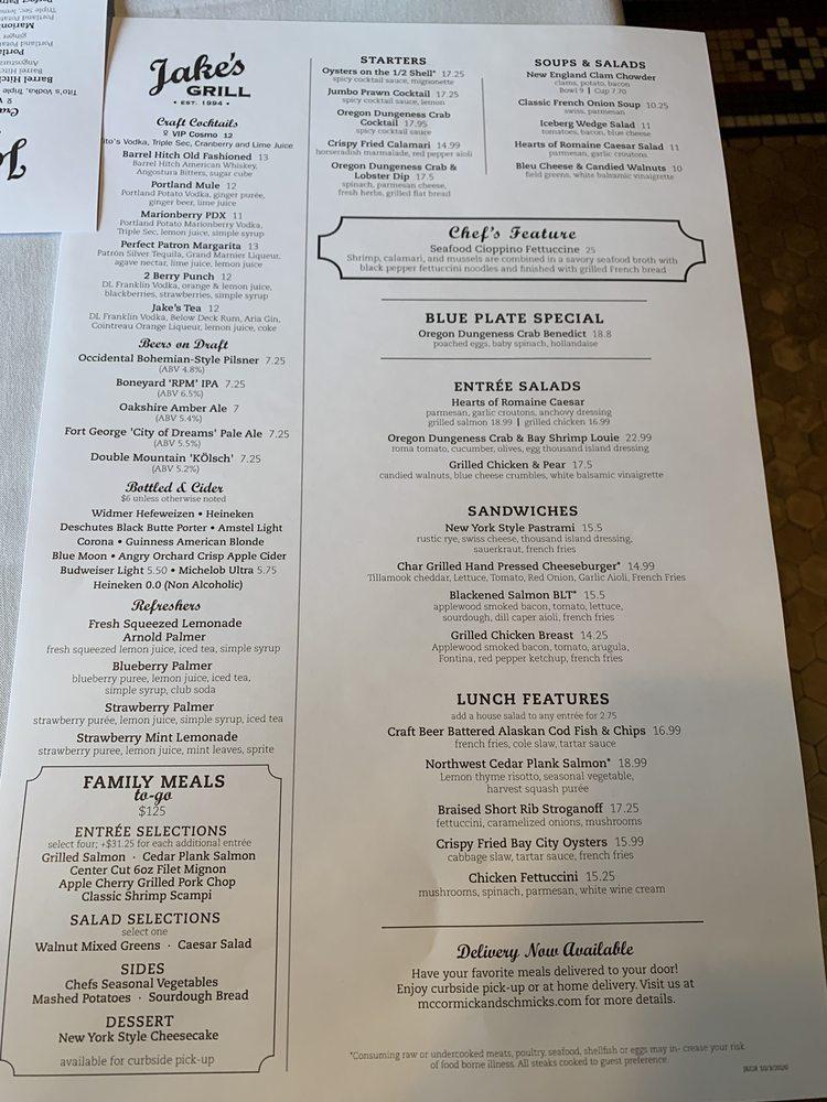 Menu at Jake's Bar & Grill, Vancouver