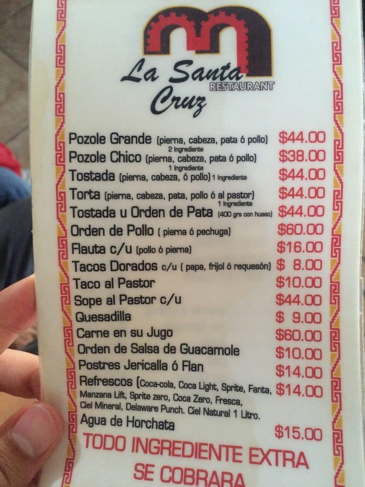 Carta del restaurante La Santa Cruz, Guadalajara, Avenida Manuel Acuña 2406