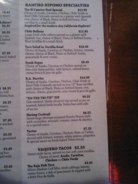 Menu at Rancho Nipomo BBQ, Nipomo