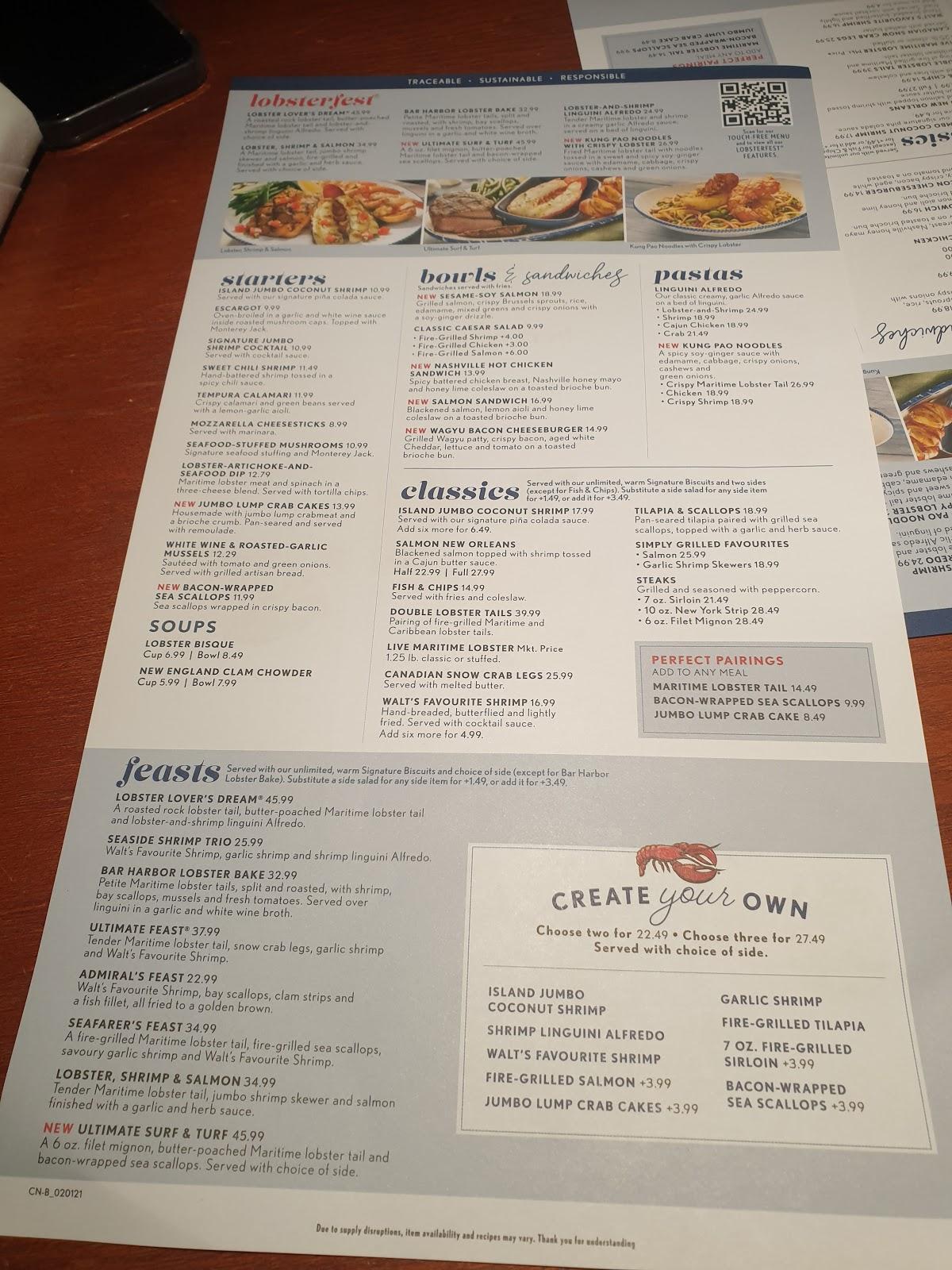 Menu at Red Lobster restaurant, Calgary, Macleod Trail SW