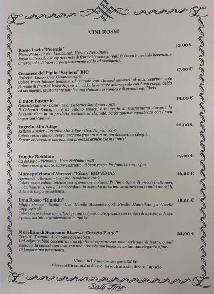 Menu at Sale Fino restaurant, Rome