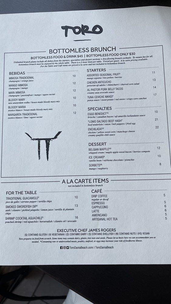 Carta del restaurante TORO Latin Kitchen & Tequila Library, Dania Beach