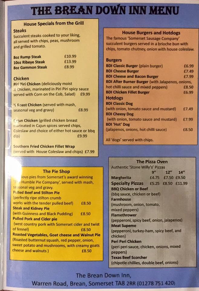 Menu at The Brean Down Inn pub & bar, Brean
