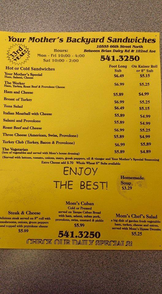 Menu at Your Mothers Back Yard restaurant, Pinellas Park, 66th St N