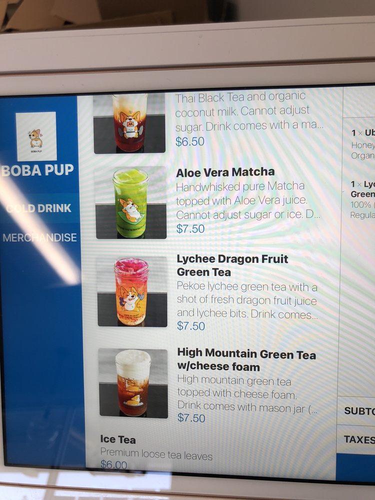 Menu at Boba Pup restaurant, Santa Clara