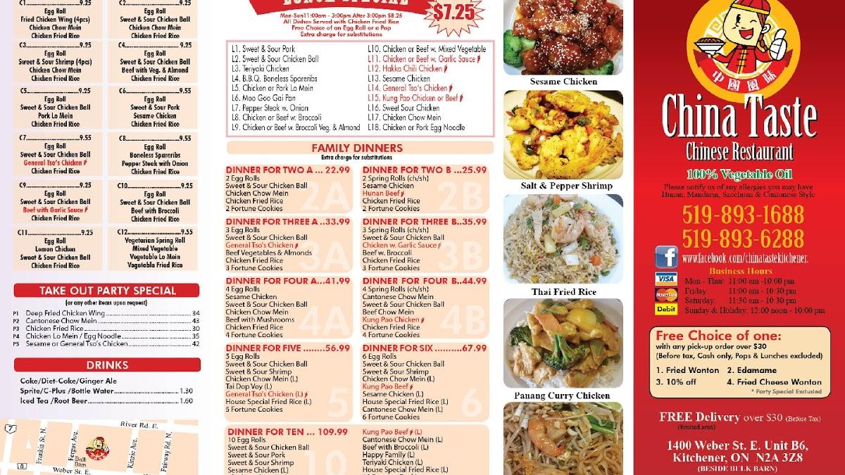 Menu at China Taste restaurant, Kitchener
