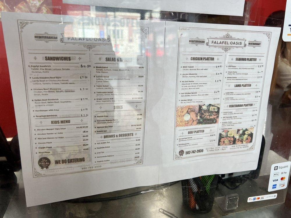 Menu at Falafel Oasis restaurant, Louisville, 226 W Broadway