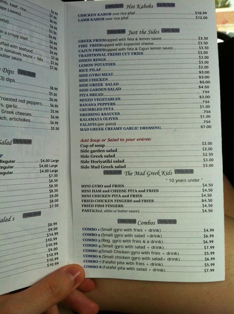 Menu at The Mad Greek restaurant, Columbus