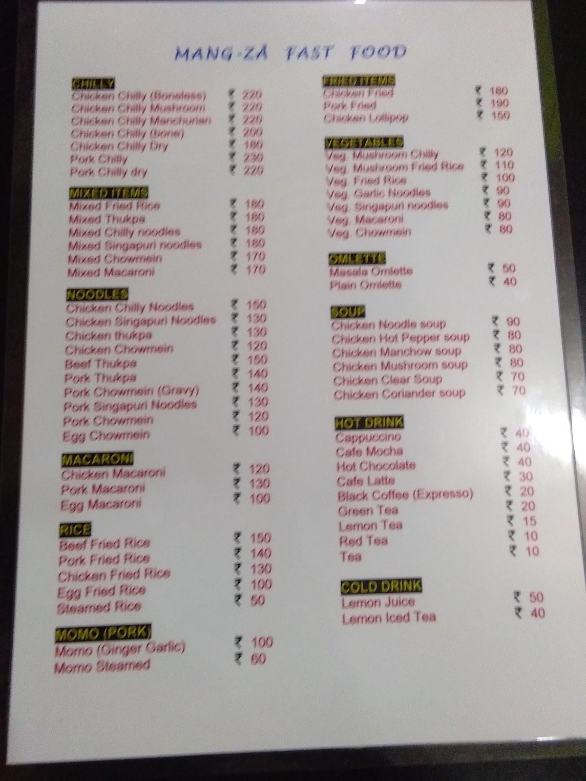 Menu at Mangzaa, Imphal