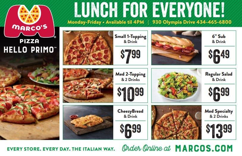 Menu at Marco's Pizza pizzeria, Charlottesville